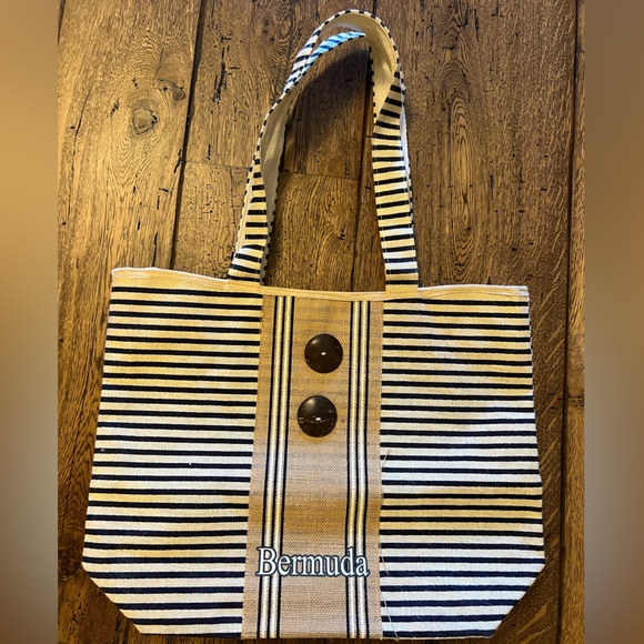 Bags | New Jute Black And Tan Striped Bermuda Tote | Poshmark